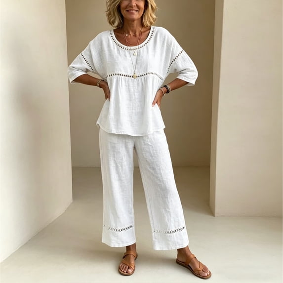 Morrtic Women's Eyelet Spliced 2 Piece Solid Color Set – Round Neck ...
