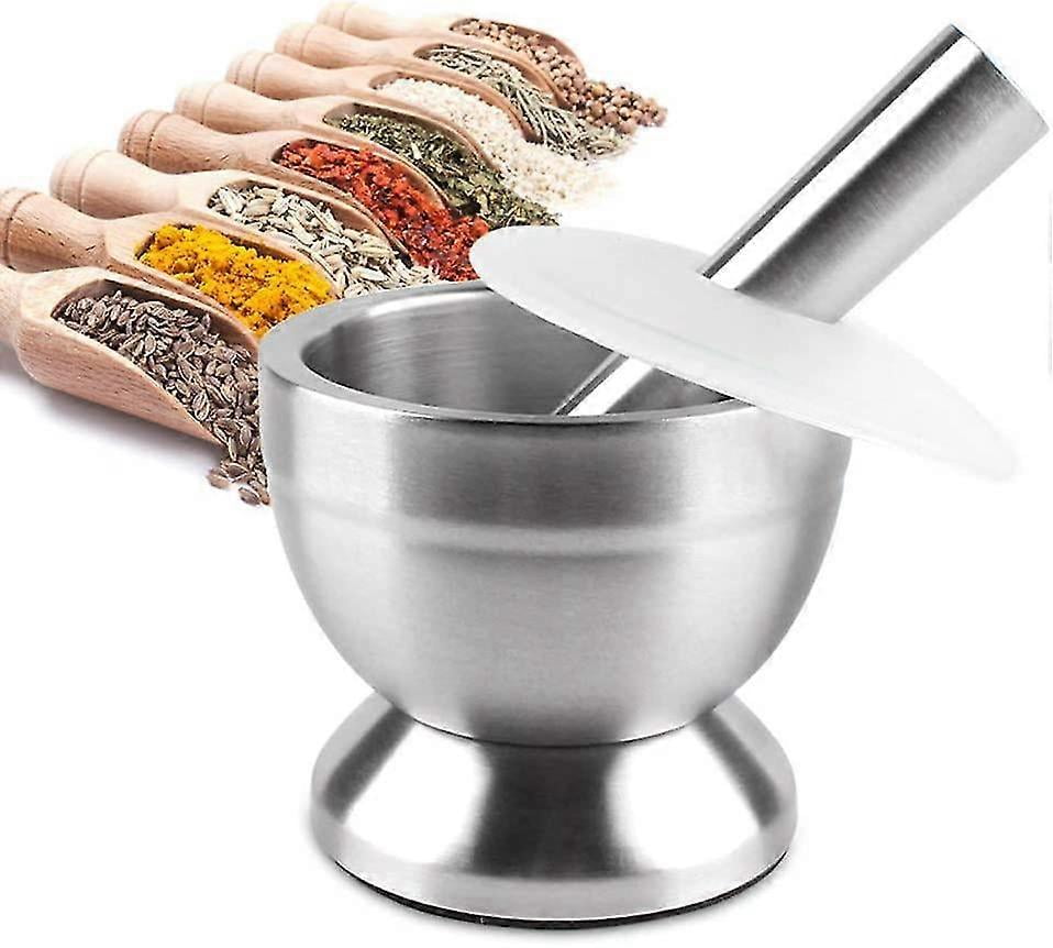 Mortar And Pestle With Lid, Solid Stainless Steel Metal Bowl, Spice ...