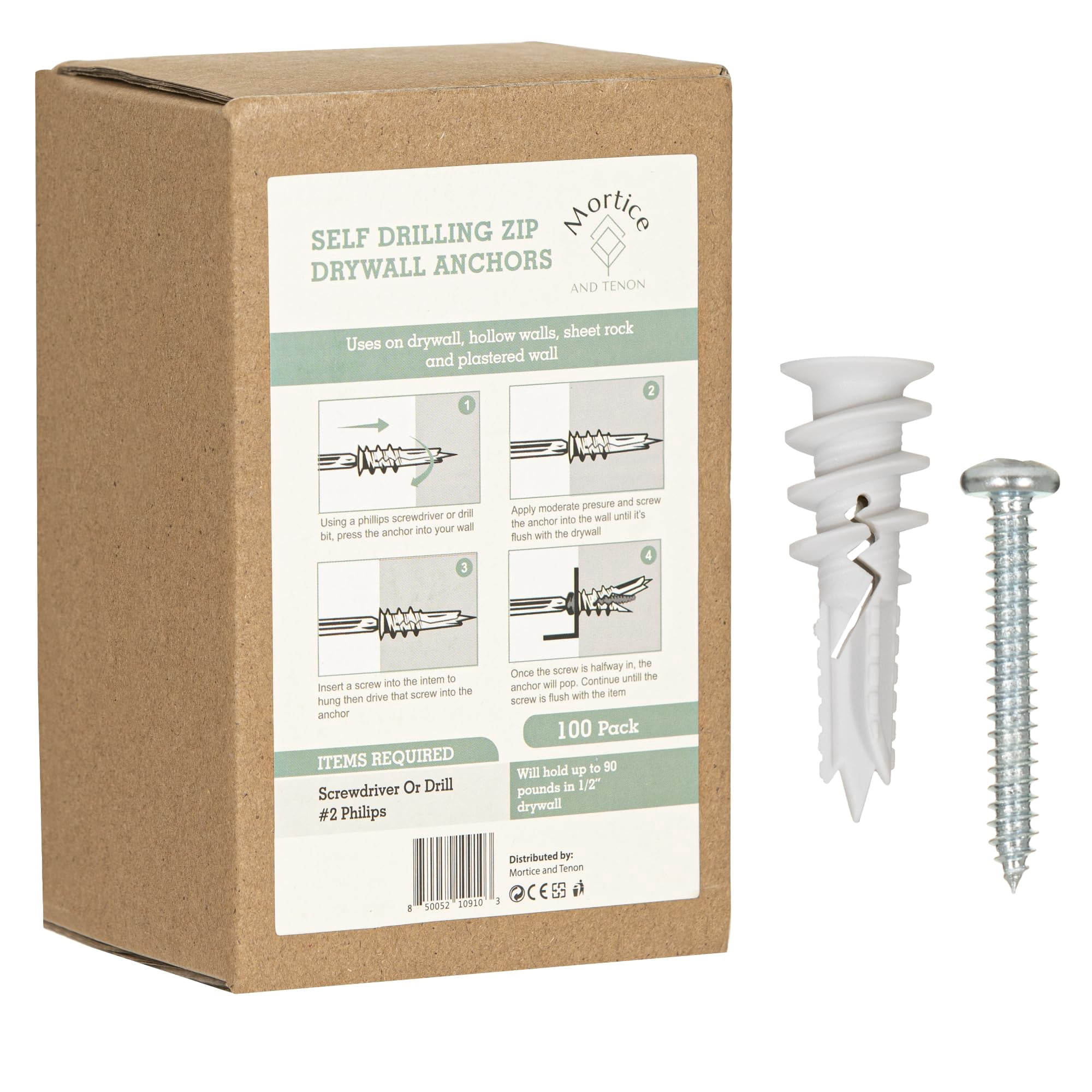 Mortice & Tenon Premium Nylon 66 Drywall Anchors - 100 Pack Self ...