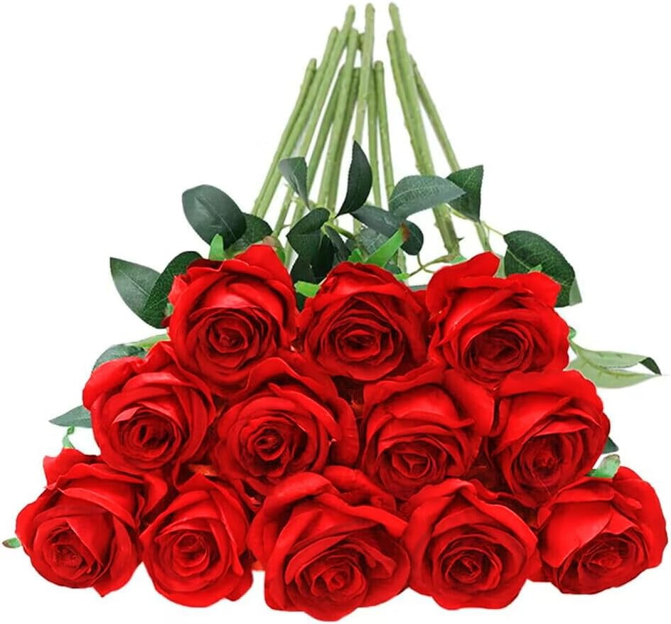 Morttic 12Pcs Red Rose Artificial Flower, Realistic Single Stem Fake ...