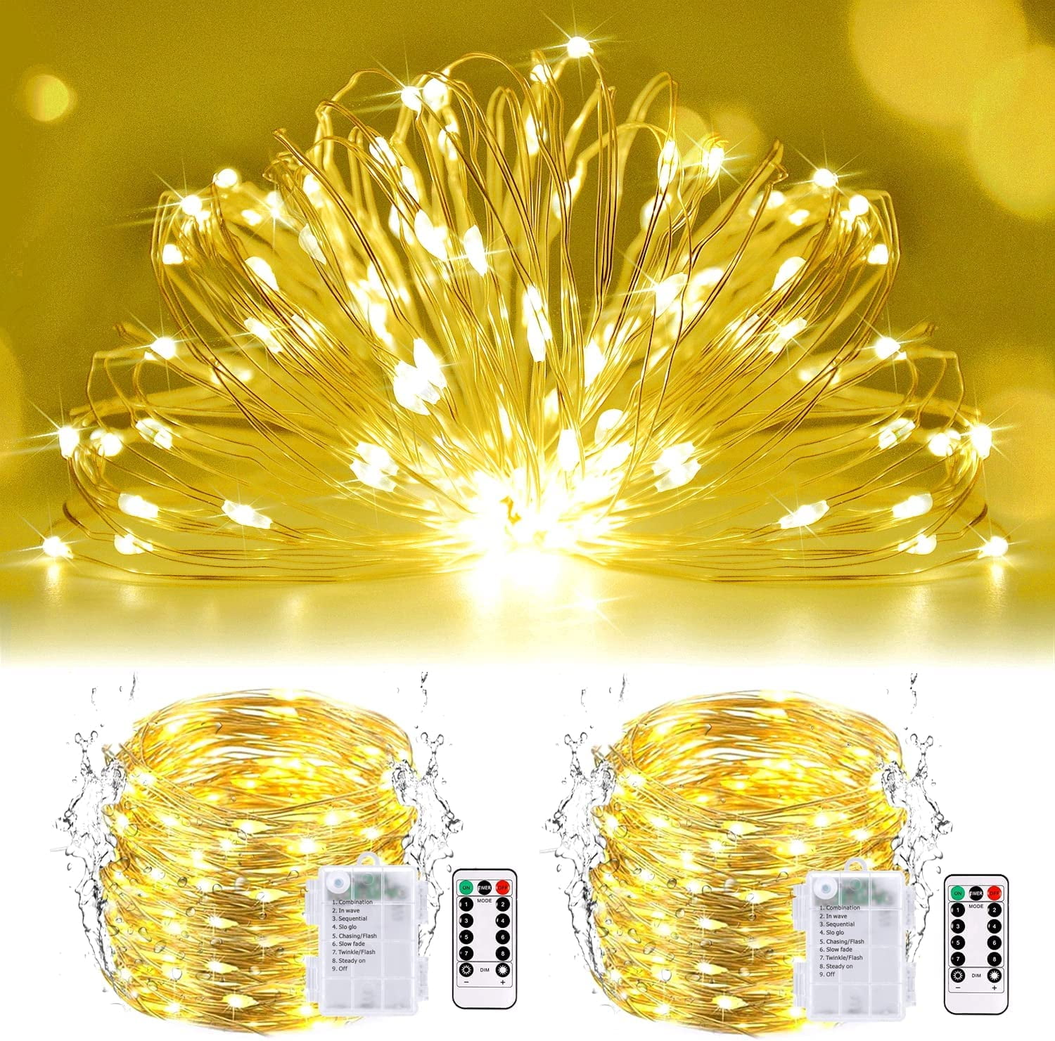Morttic 2 Pack 100 LED Fairy Lights Battery Operated, 33Ft Fairy String ...