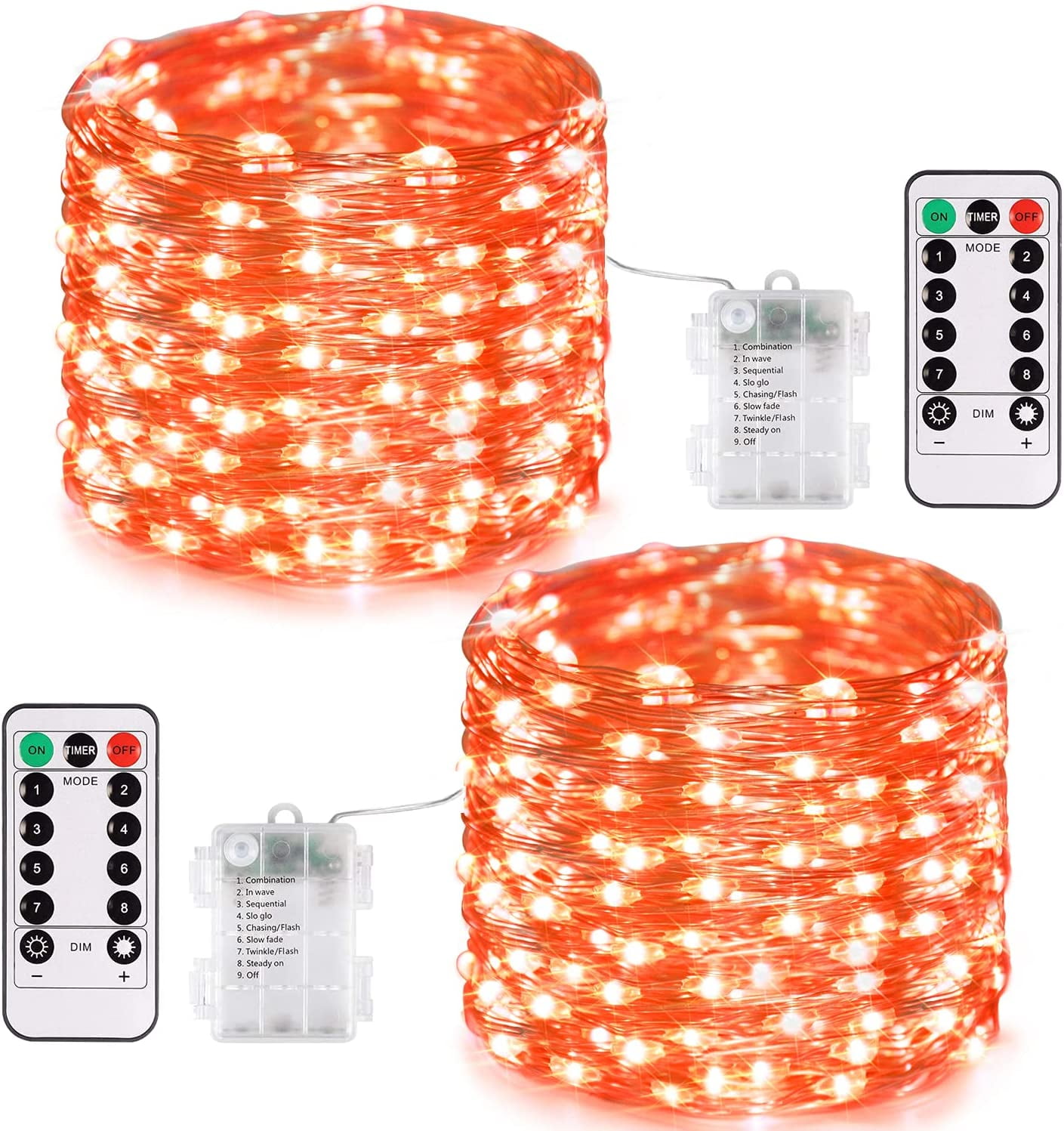 Morttic 2 Pack 200 LED 66 FT Copper Wire String Lights Battery Operated ...