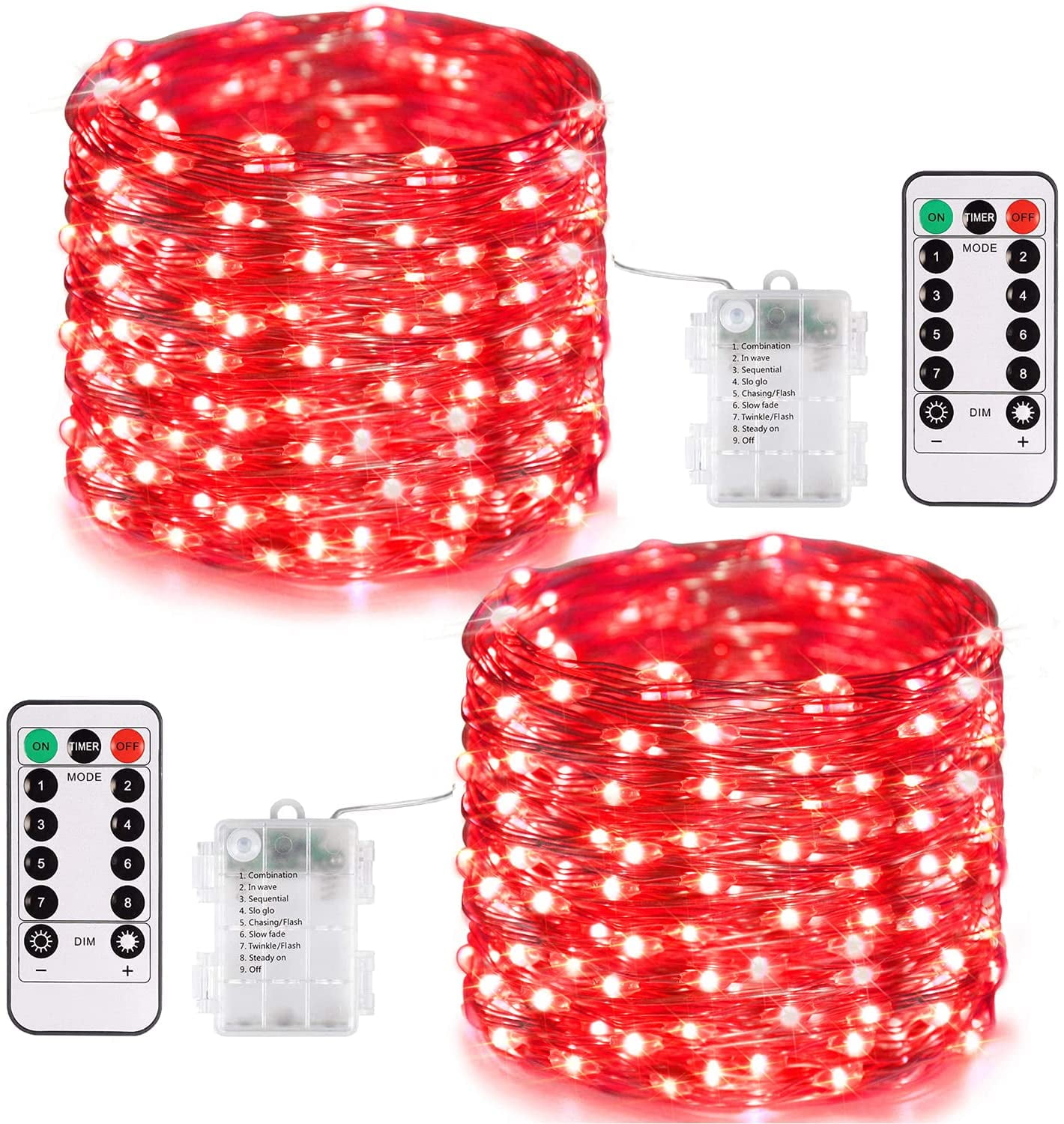 Morttic 2 Pack 200 LED Fairy Lights Battery Operated, 66Ft Fairy String ...