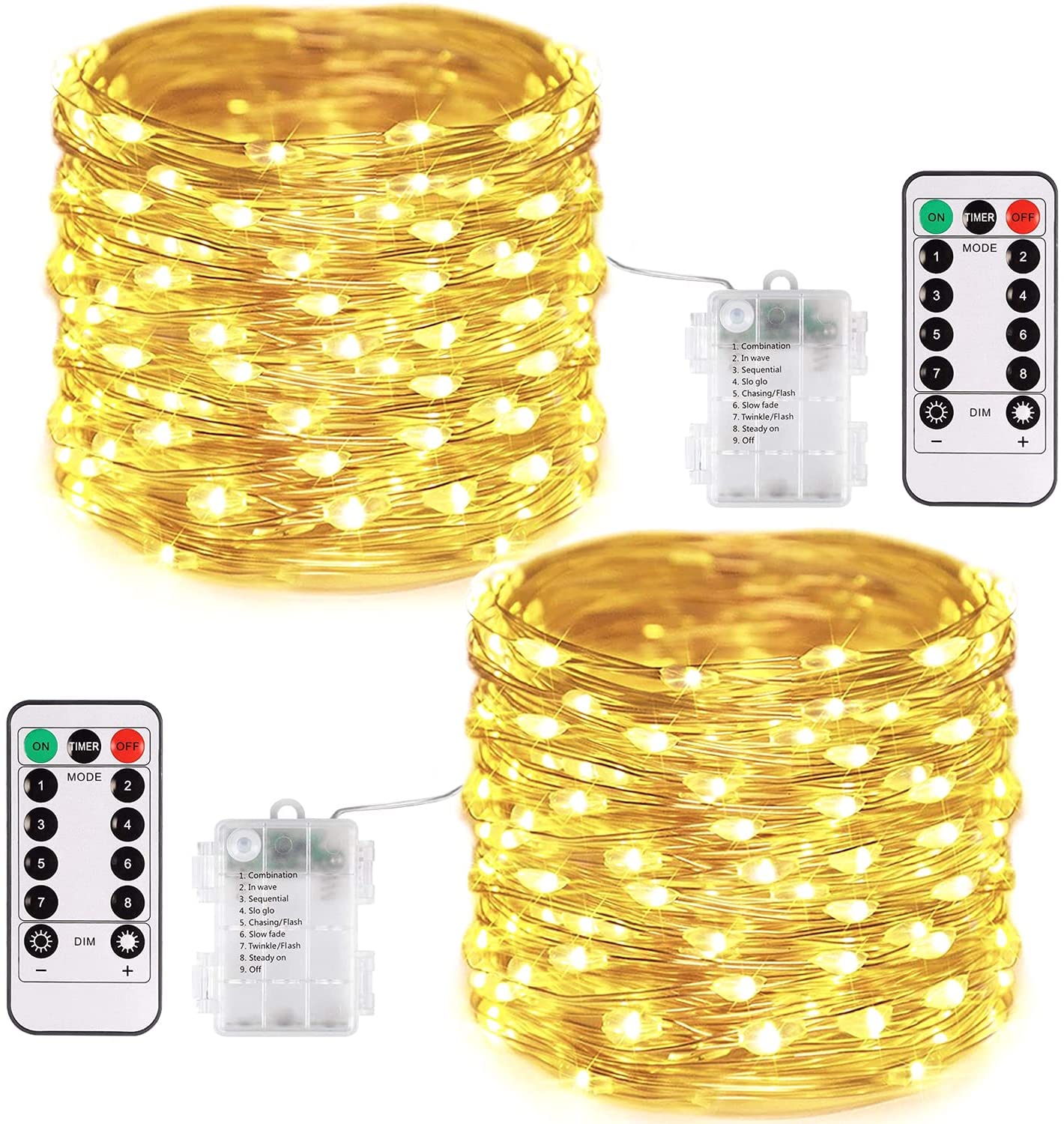Morttic 2 Pack 200 LED Fairy Lights Battery Operated, 66Ft Fairy String ...