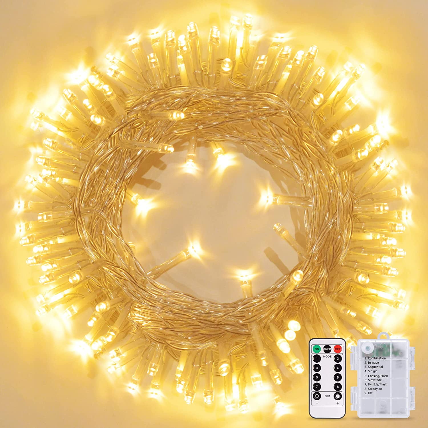 Morttic 33ft 100 LED Battery Operated Christmas Lights,Warm White ...