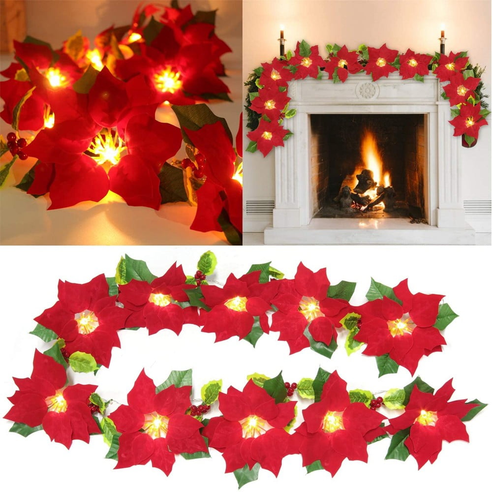 Morttic 6.5Ft 10 LED Lighted Poinsettia Christmas Garland with Red ...