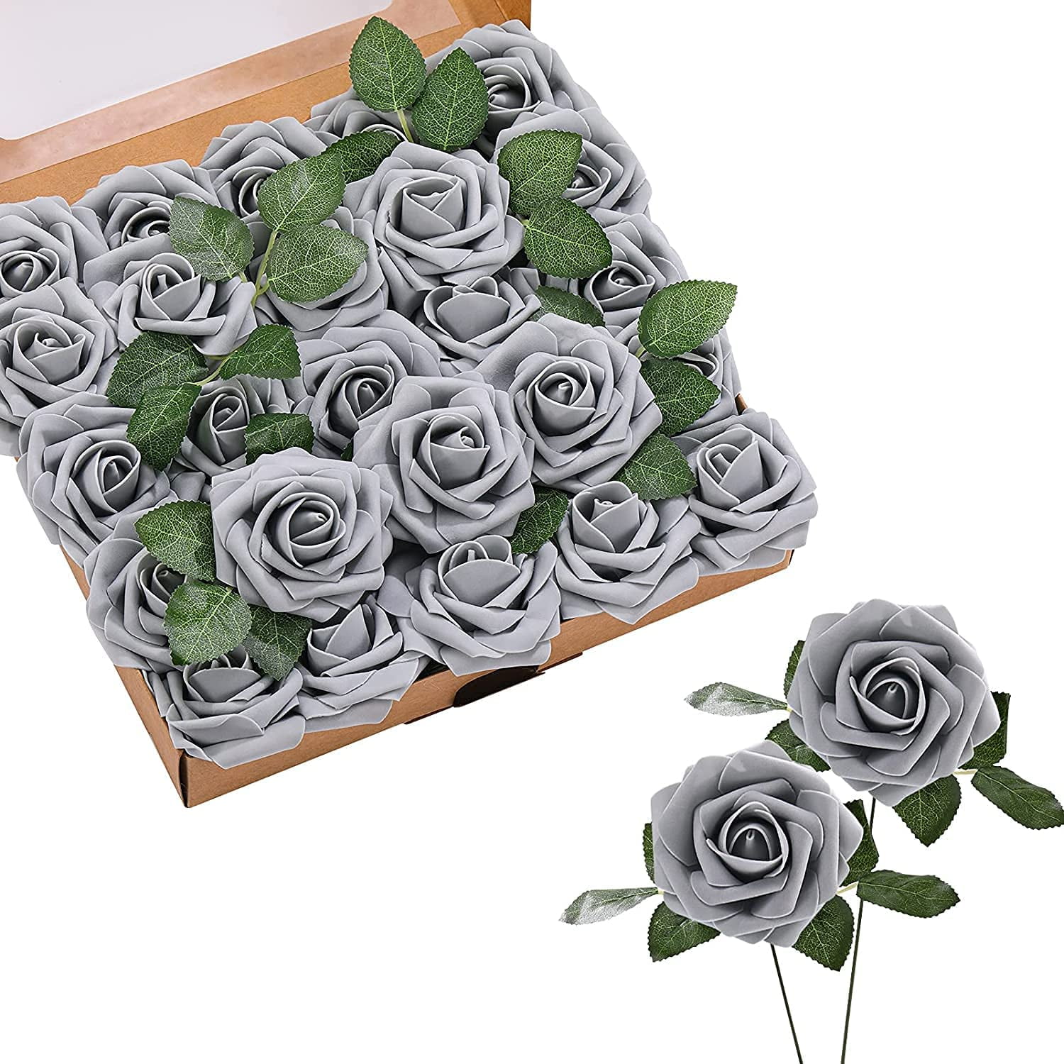 Morttic Artificial Flowers 25pcs Real Touch Fake Rose with Stems Foam ...