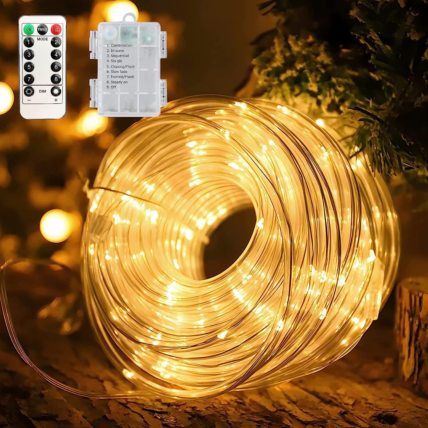Morttic Battery Rope Lights 40Ft 120 LED Rope Lights Outdoor Waterproof ...