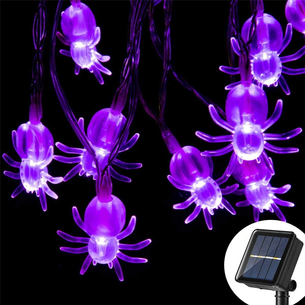 Morttic Halloween String Lights, 23ft 50LED Solar Powered Purple Spider ...