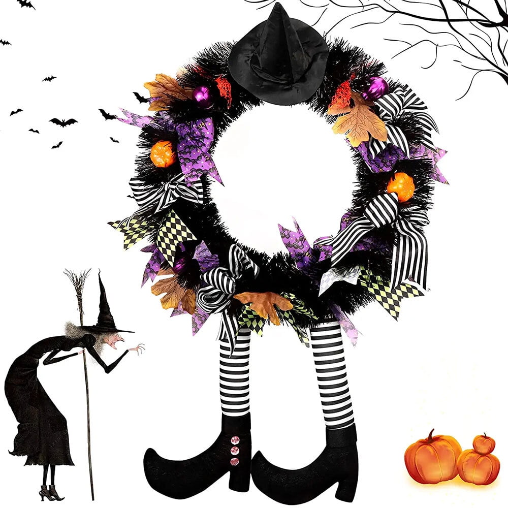 Morttic Halloween Wreath Decor with Hat Witch Legs Door Hanging Welcome ...