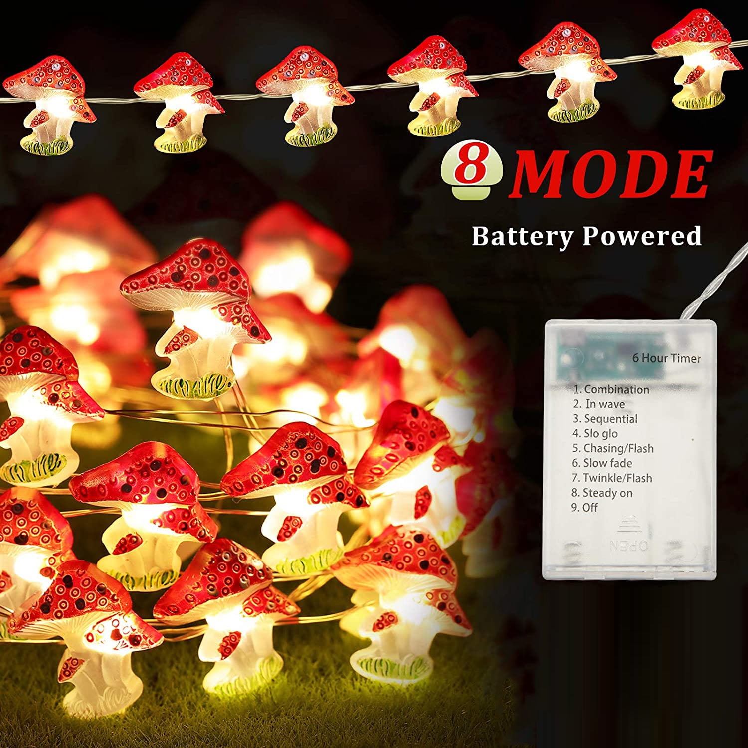 Morttic Mushroom String Lights, 7FT 20LEDs Fairy Lights Battery Powered ...
