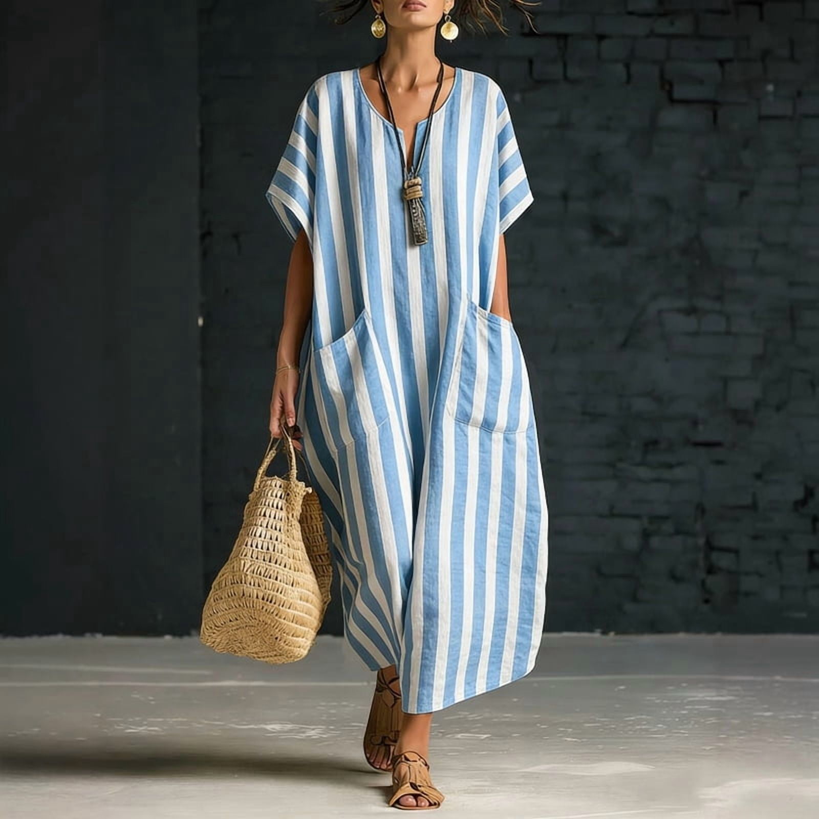 Morttic Women's Summer Casual V-Neck Vertical Striped Printed Maxi ...