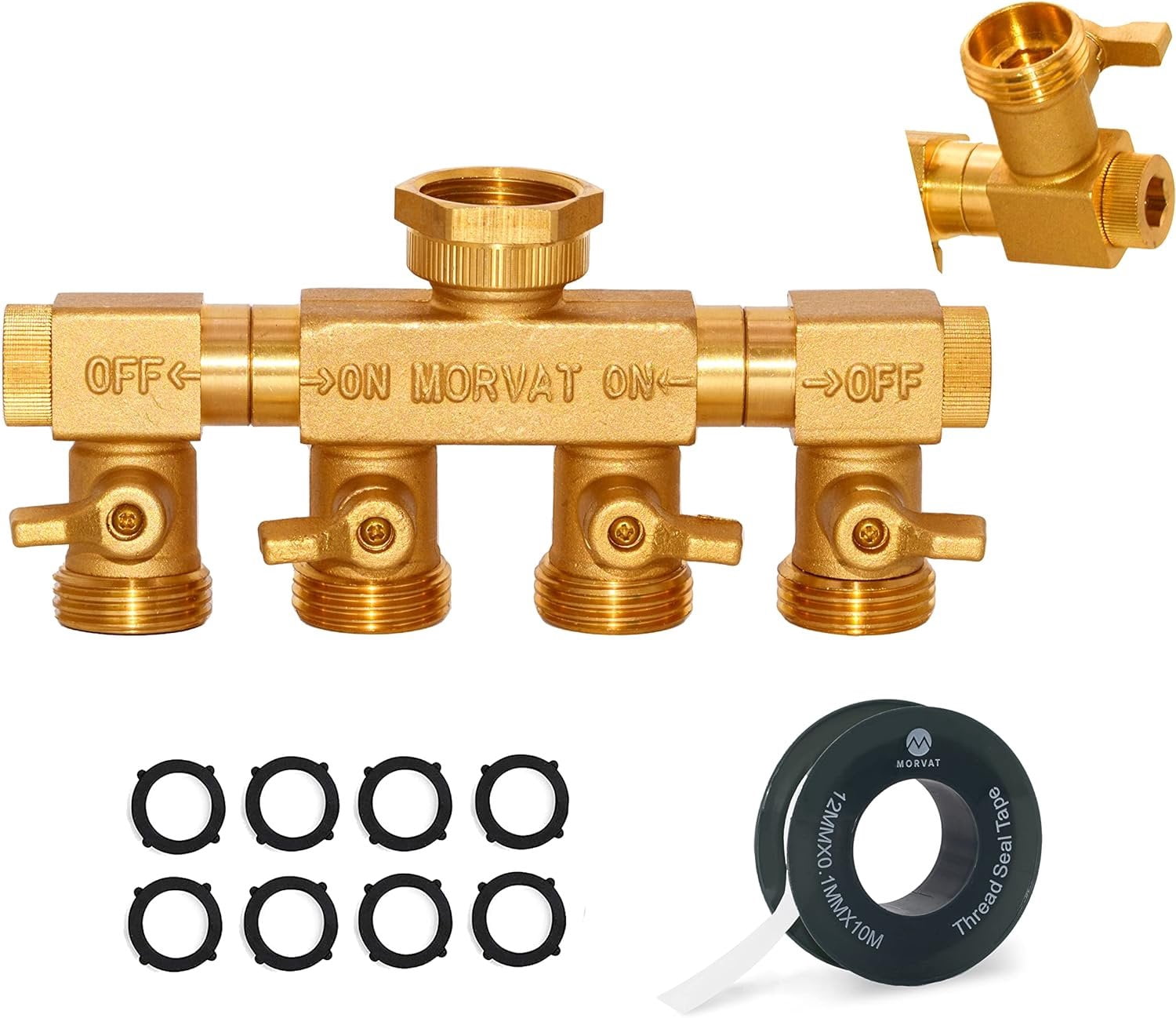 Morvat Brass 4-Way Twist Hose Splitter with Mount Kit, Tape & Rubber ...