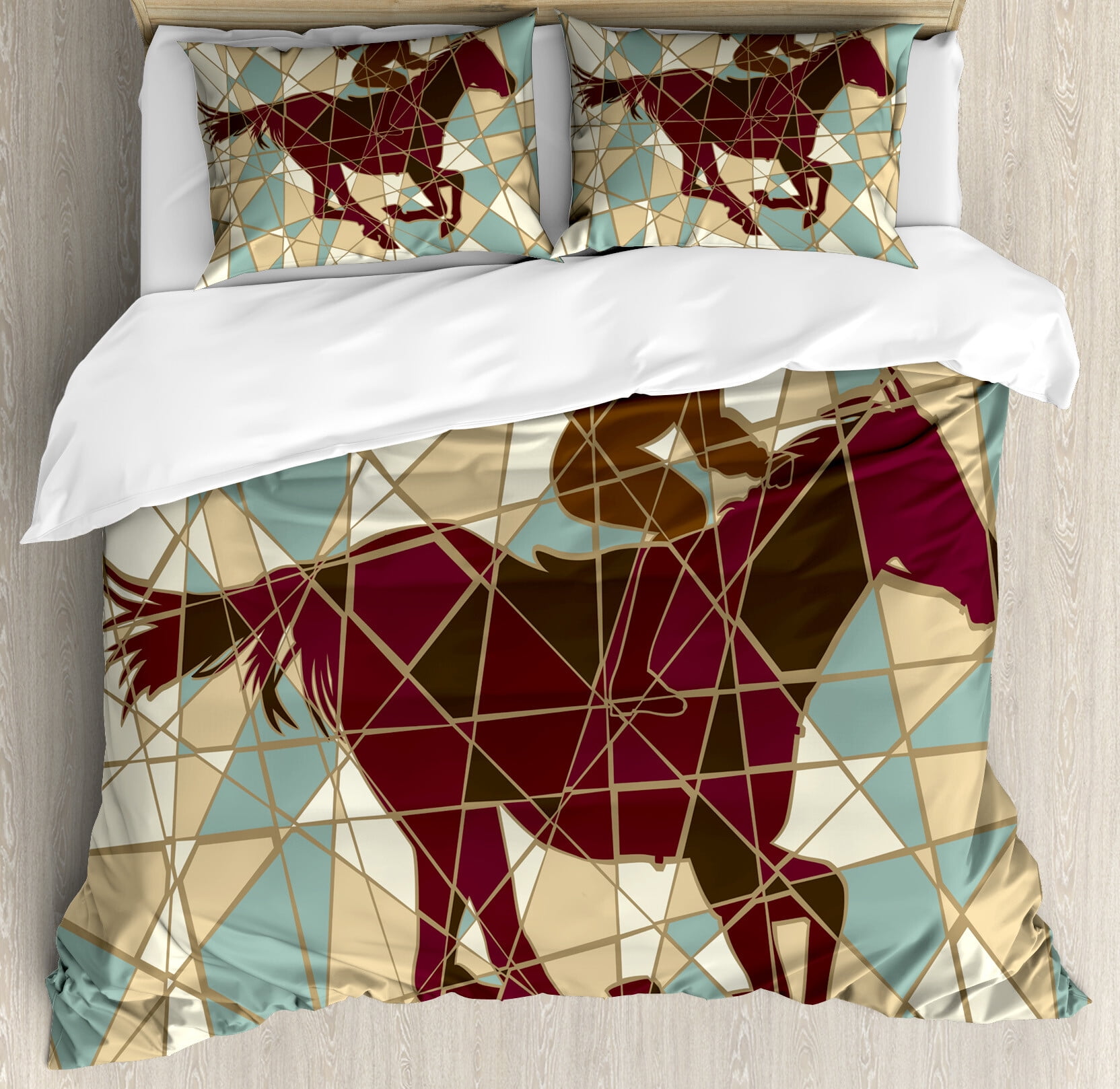 Mosaic Duvet Cover Set, Running Stable Racehorse and Jockey Silhouettes ...