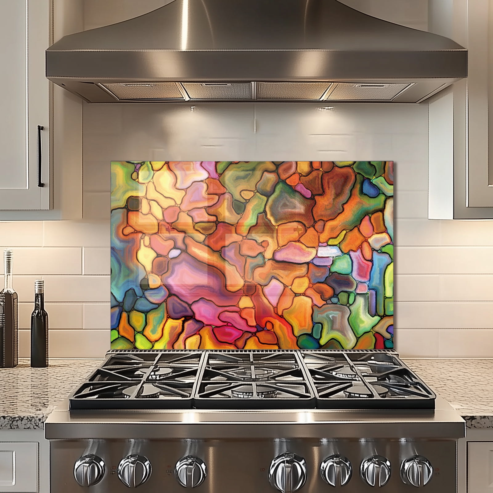 Mosaic Fragments Tempered Glass Backsplash For Kitchen Behind Stove ...