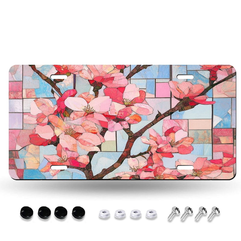 Mosaic - Inspired Cherry Blossoms with a Blue - Pink Hue License Plate ...