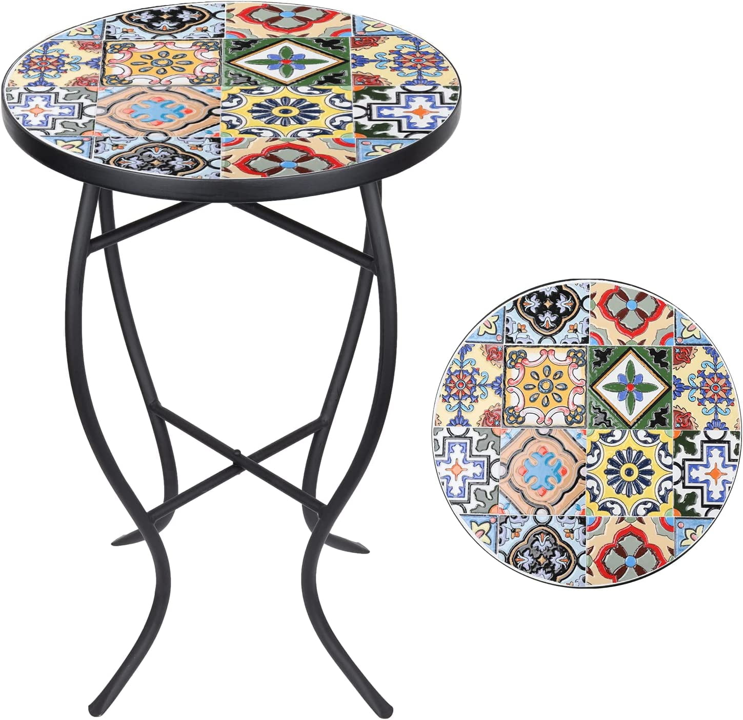 Mosaic Side Table, 21" Round End Table with 14" Ceramic Tile Top, Indoor Patio Accent Table for ...