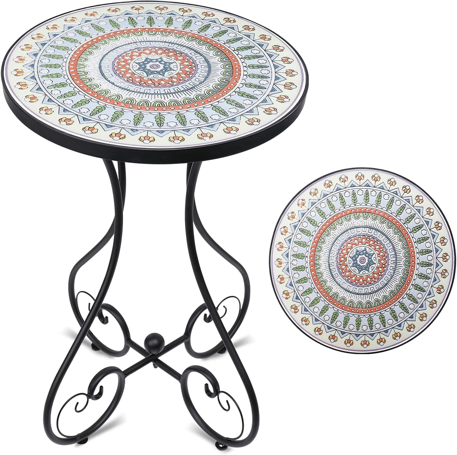 Mosaic Outdoor Side Table, Round Rustproof Patio Tables with 14 ...