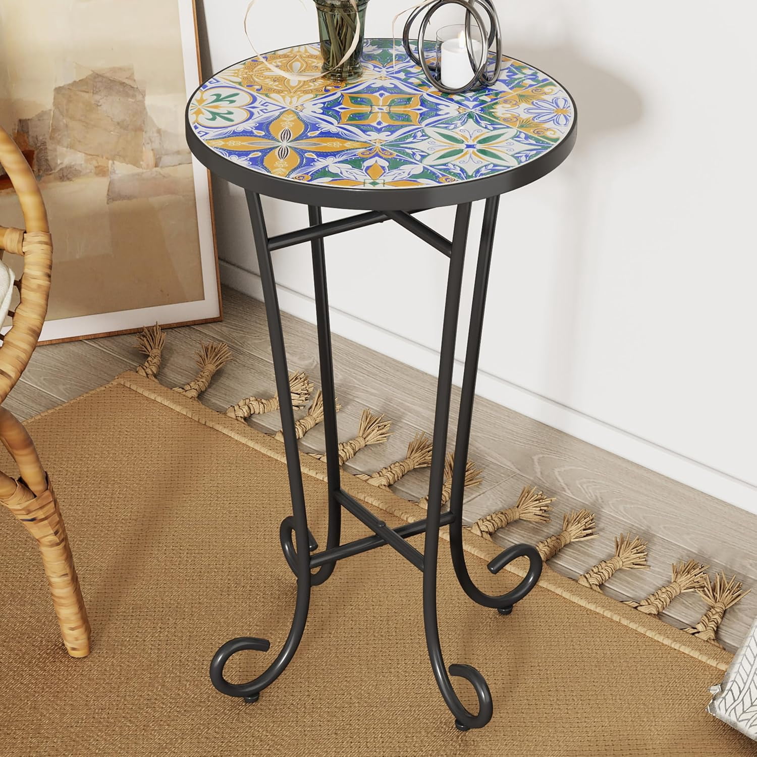 Mosaic Patio Table and Stand, Outdoor Side Table for Patio with 14 ...