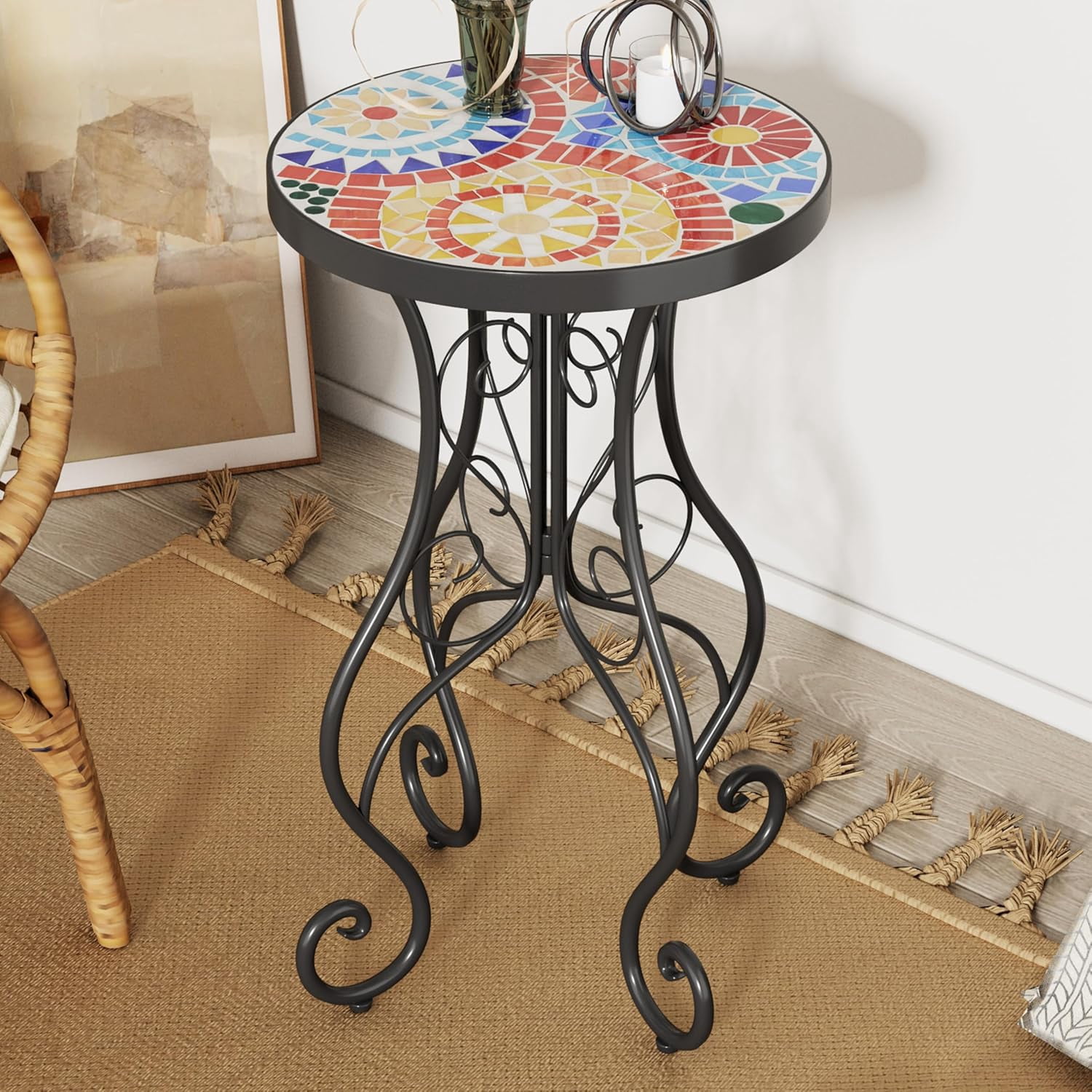 Mosaic Patio Table and Stand, Outdoor Side Table for Patio with 14 ...
