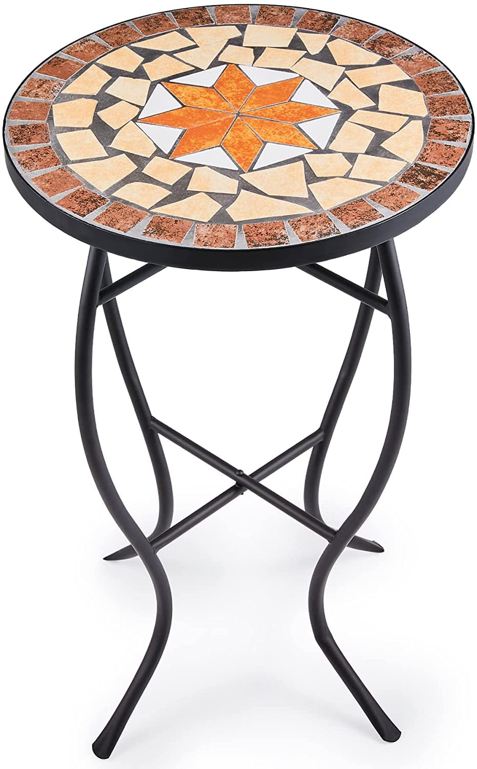 Mosaic Side Table and Plant Stand, 21" Round End Table with 14" Ceramic Tile Top, Indoor ...