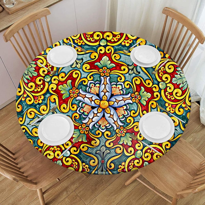 Mosaic Tile Round Fitted Tablecloth Classical Ceramics Elastic Edge ...
