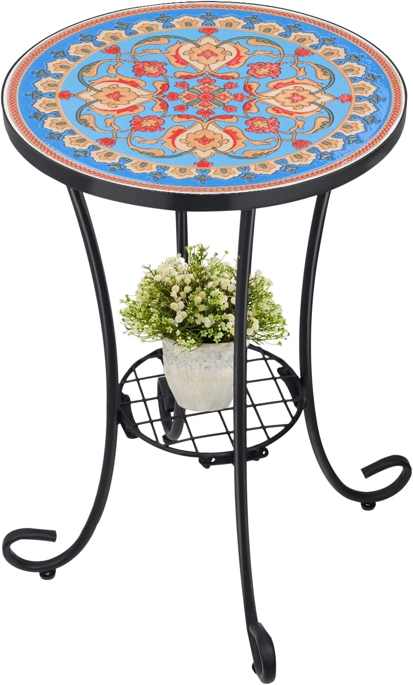 Mosaic Tile Top Outdoor Side Table with Metal Frame for Patio, Accent ...