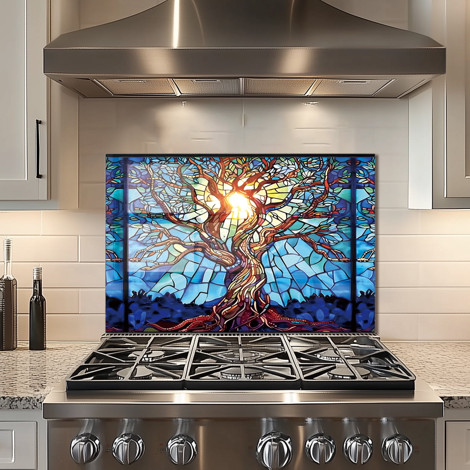 Mosaic Tree of Life Tempered Glass Backsplash For Kitchen Behind Stove ...