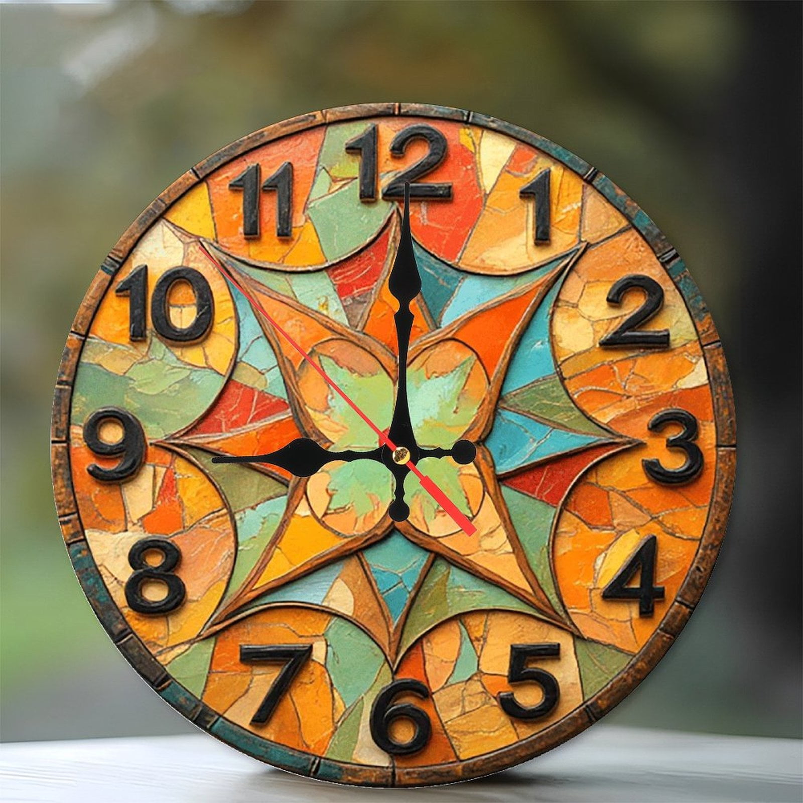 Mosaic Wall Clock Autumn Floral Design 10-Inch Silent Wooden Wall Clock, Battery Operated (AA ...