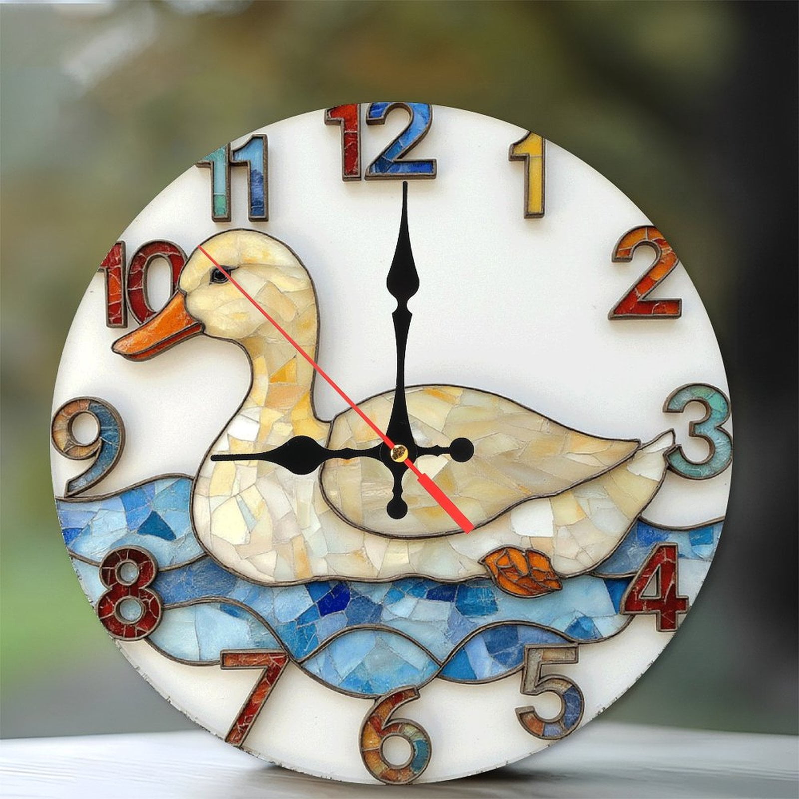 Mosaic Wall Clock with Duck Design And Colorful Numbers 10-Inch Silent Wooden Wall Clock ...