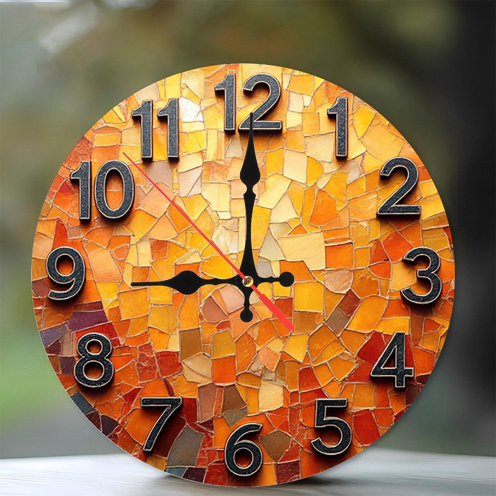 Mosaic Wall Clock Orange Yellow Tiles Home Decor 10-Inch Silent Wooden Wall Clock, Battery ...