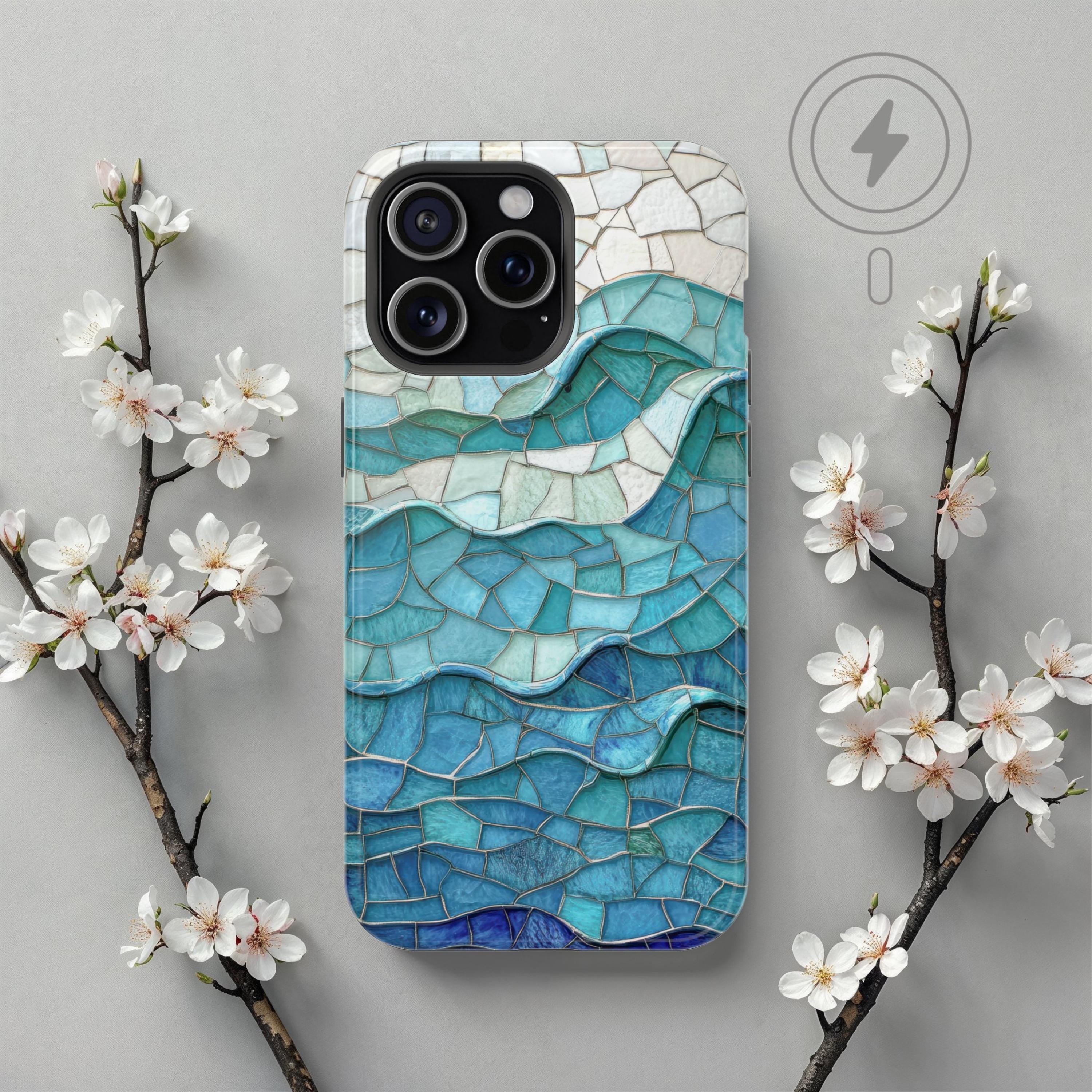 Mosaic Wave Tile Phone Case Teal Ocean Tile Art for iPhone 17 16 15 14 ...