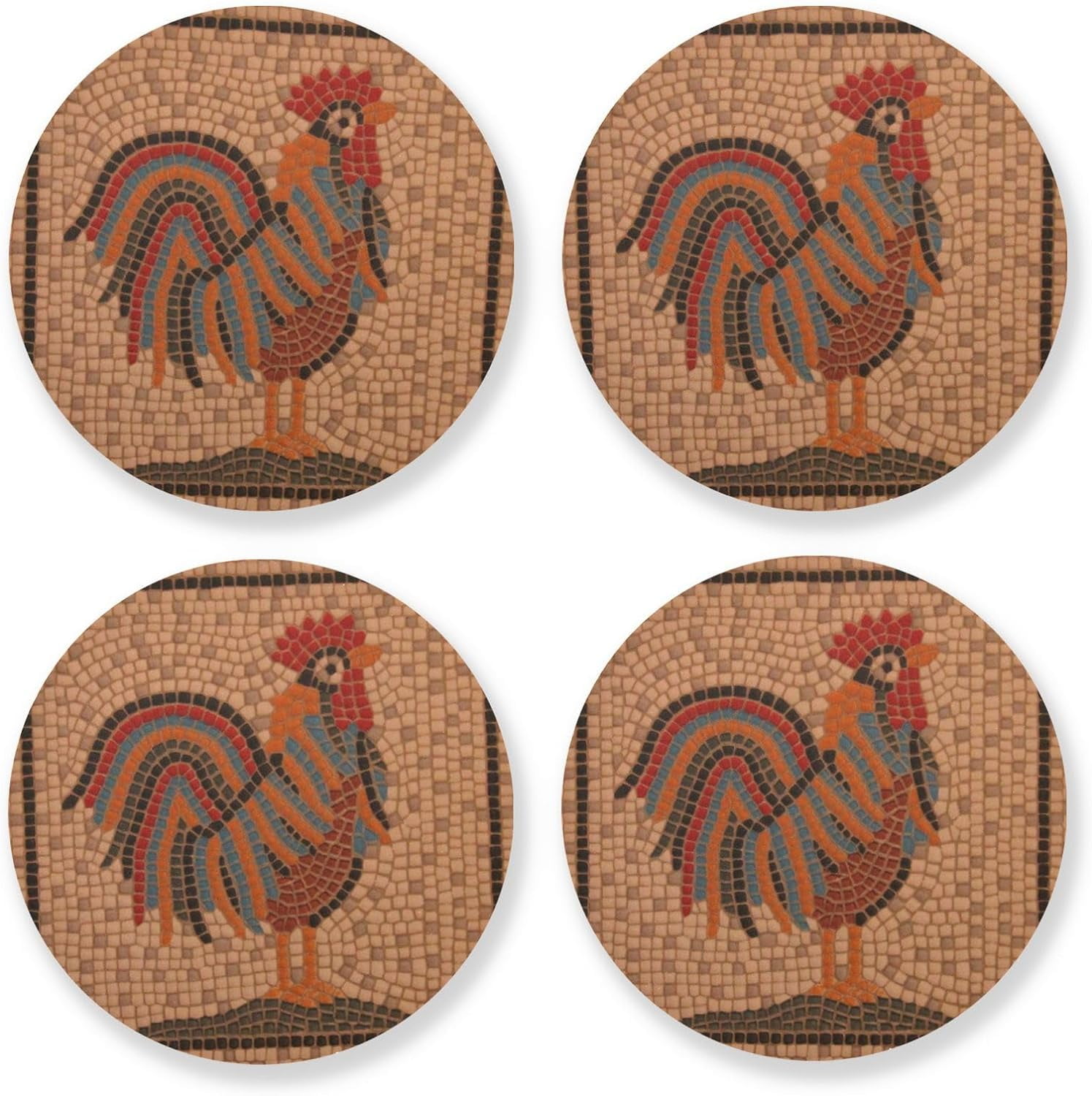 Mosaic with Chicken Picture Drinks Coasters, Non-Scratch Cork Base ...