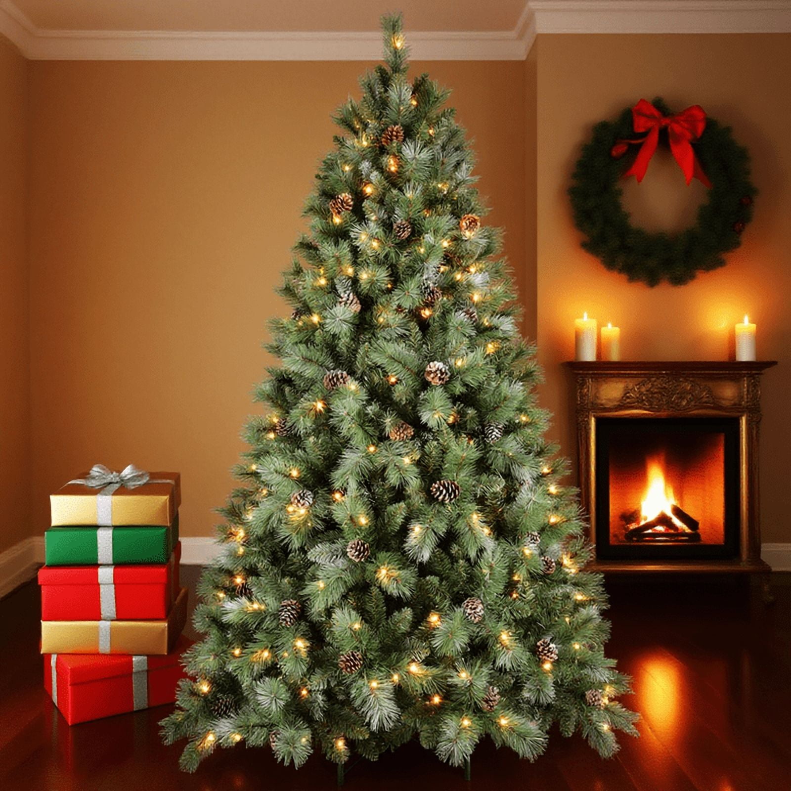 Mosawomo 7Ft Green Fruit Christmas Tree, PVC/Hard Needle Mixed Tree ...