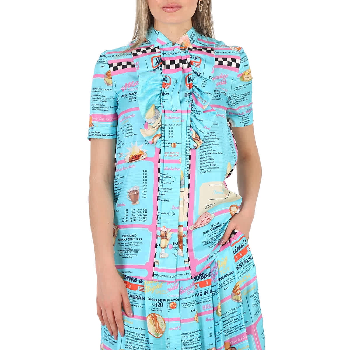 Moschino All-Over Diner Menu Print Short Sleeve Silk Blouse, Brand Size ...