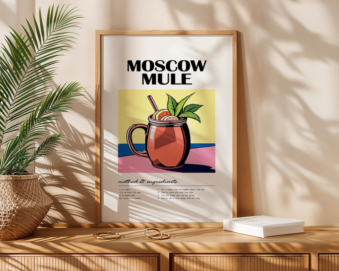 Moscow Mule Cocktail Recipe Print, Copper Mug Bar Art, Retro Drink ...