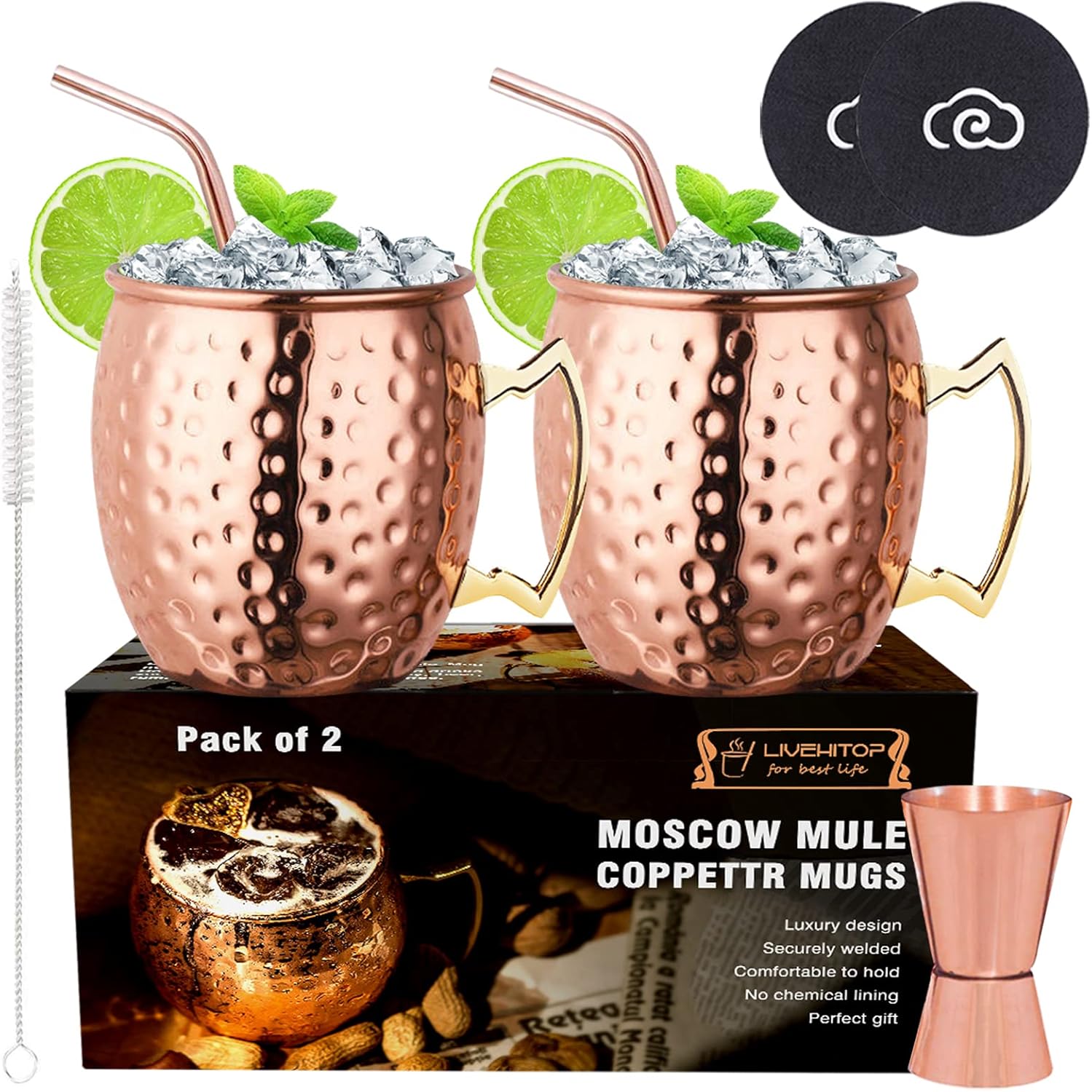 Moscow Mule Copper Mugs Set of 2, Copper Cups 19.5 Oz Cocktail Kit with ...