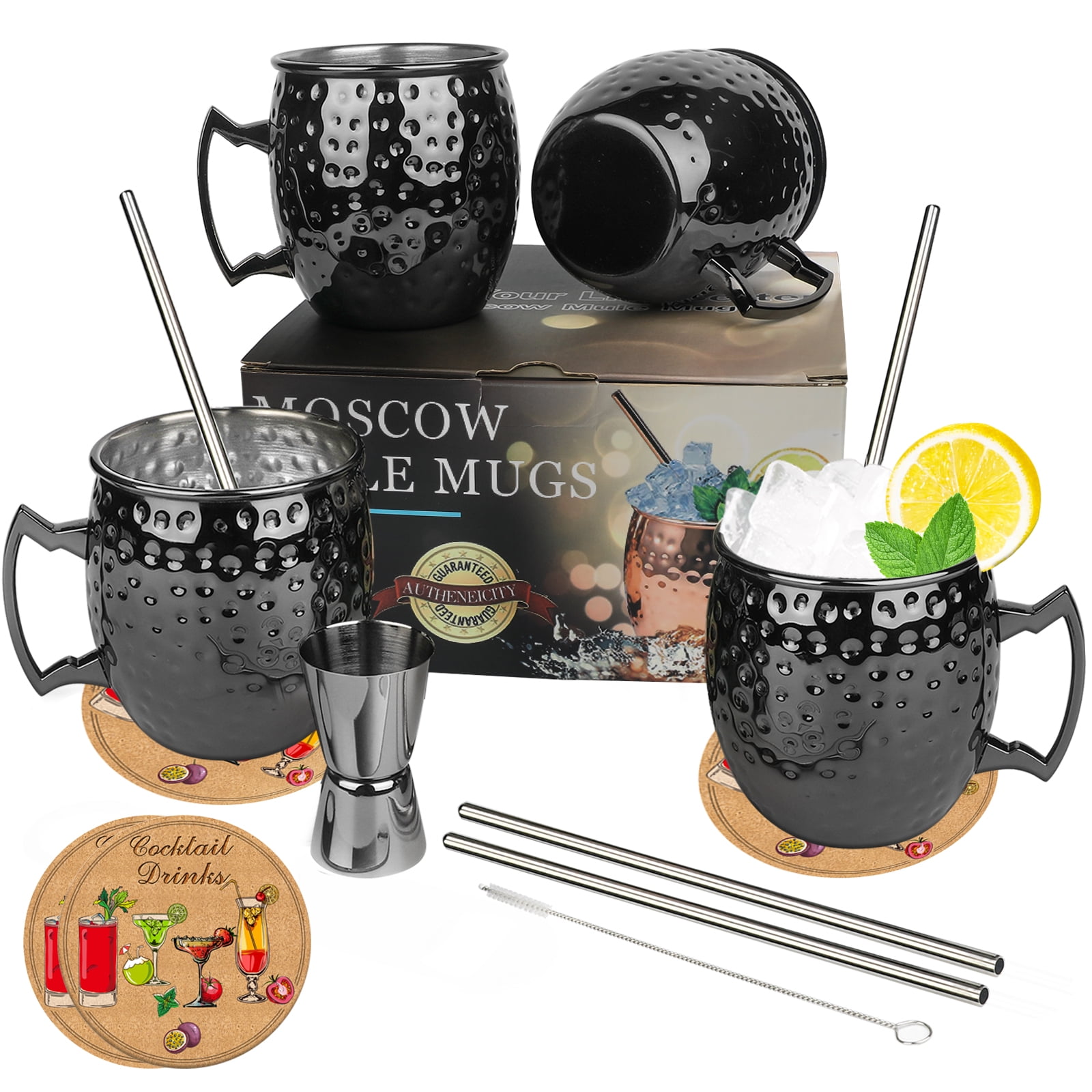 Moscow Mule Mug Set (4), 18oz, Black Stainless Steel, Reusable Straws ...