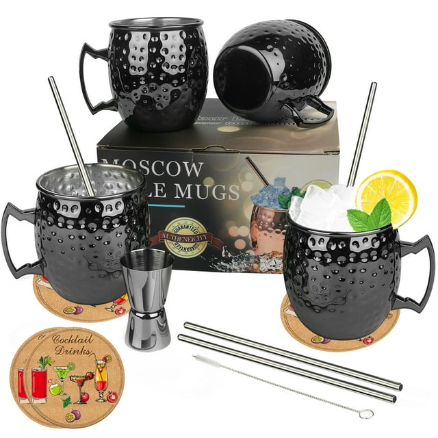 Moscow Mule Mug Set (4), 18oz, Black Stainless Steel, Reusable Straws ...