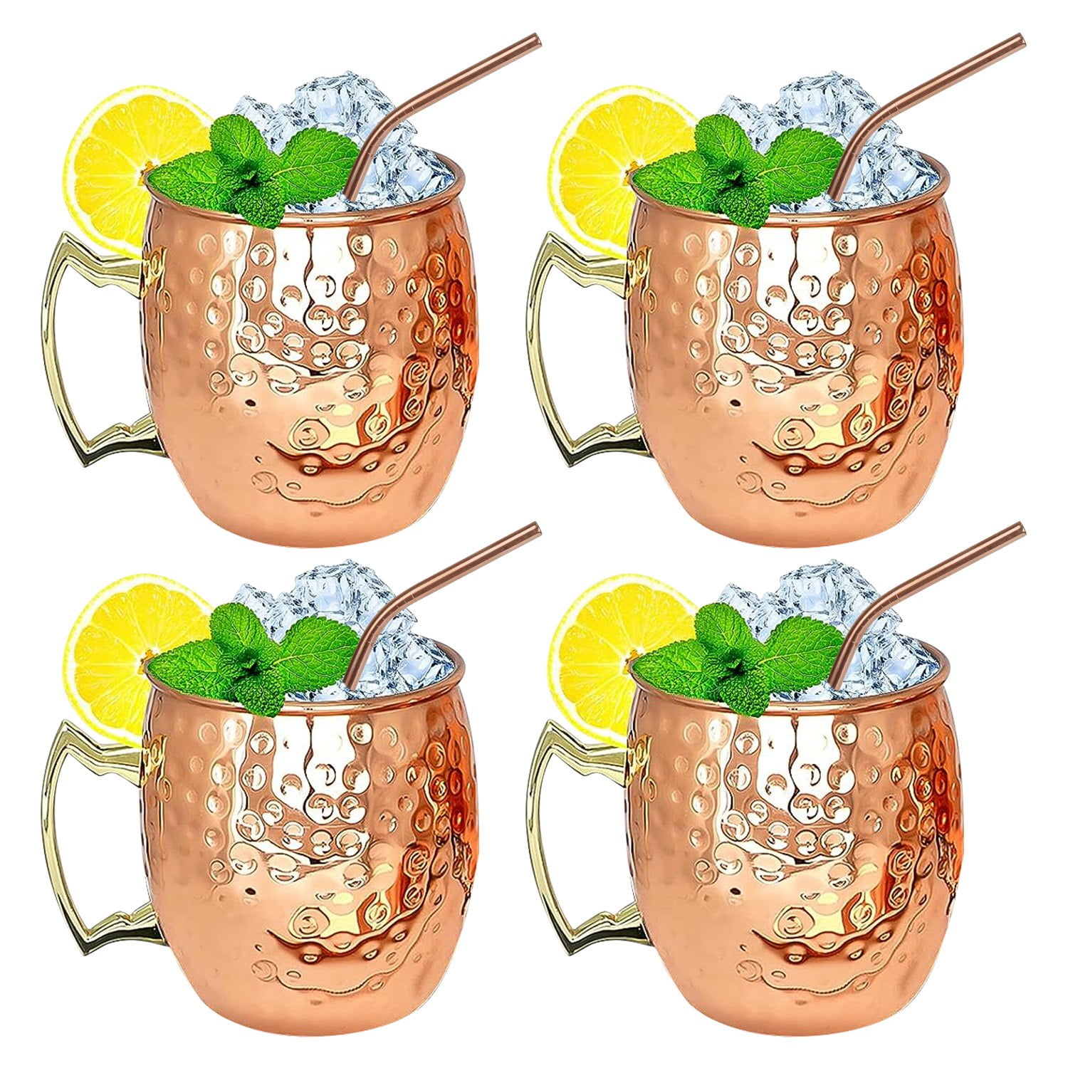 Moscow Mule Mugs Set of 4 - 18 oz Hammered Copper Cups with Straws 304 ...