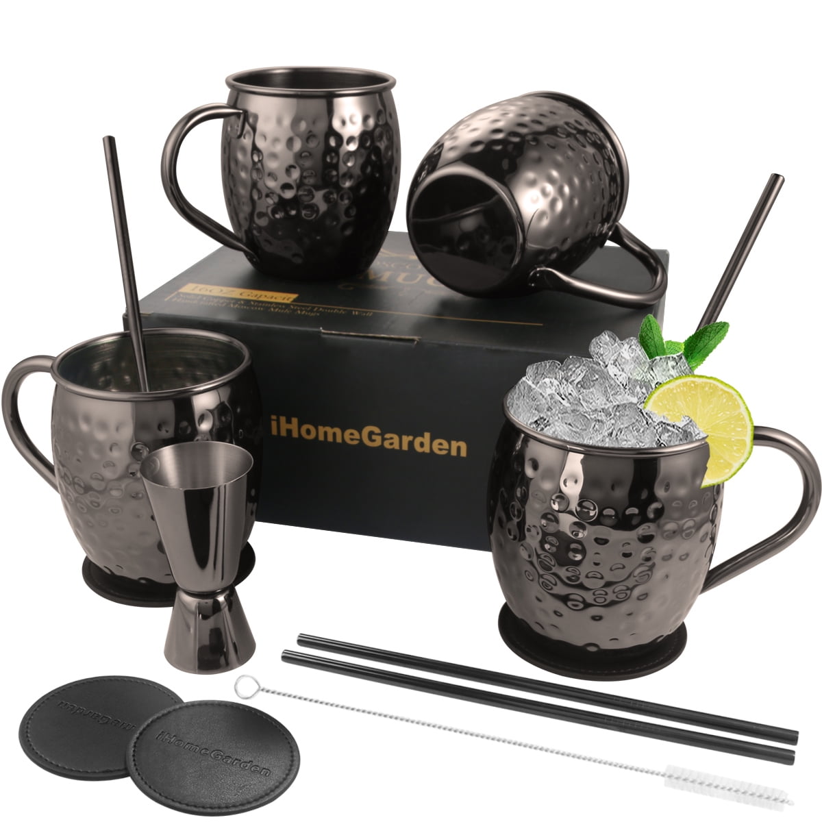 Black Moscow Mule Mugs Set of 4, 100% Handcrafted, 16oz Stainless Steel ...