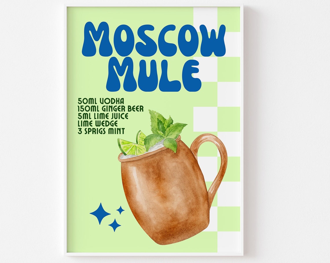 Moscow Mule Retro Cocktail Print - Kitchen Poster, Vodka Cocktail ...