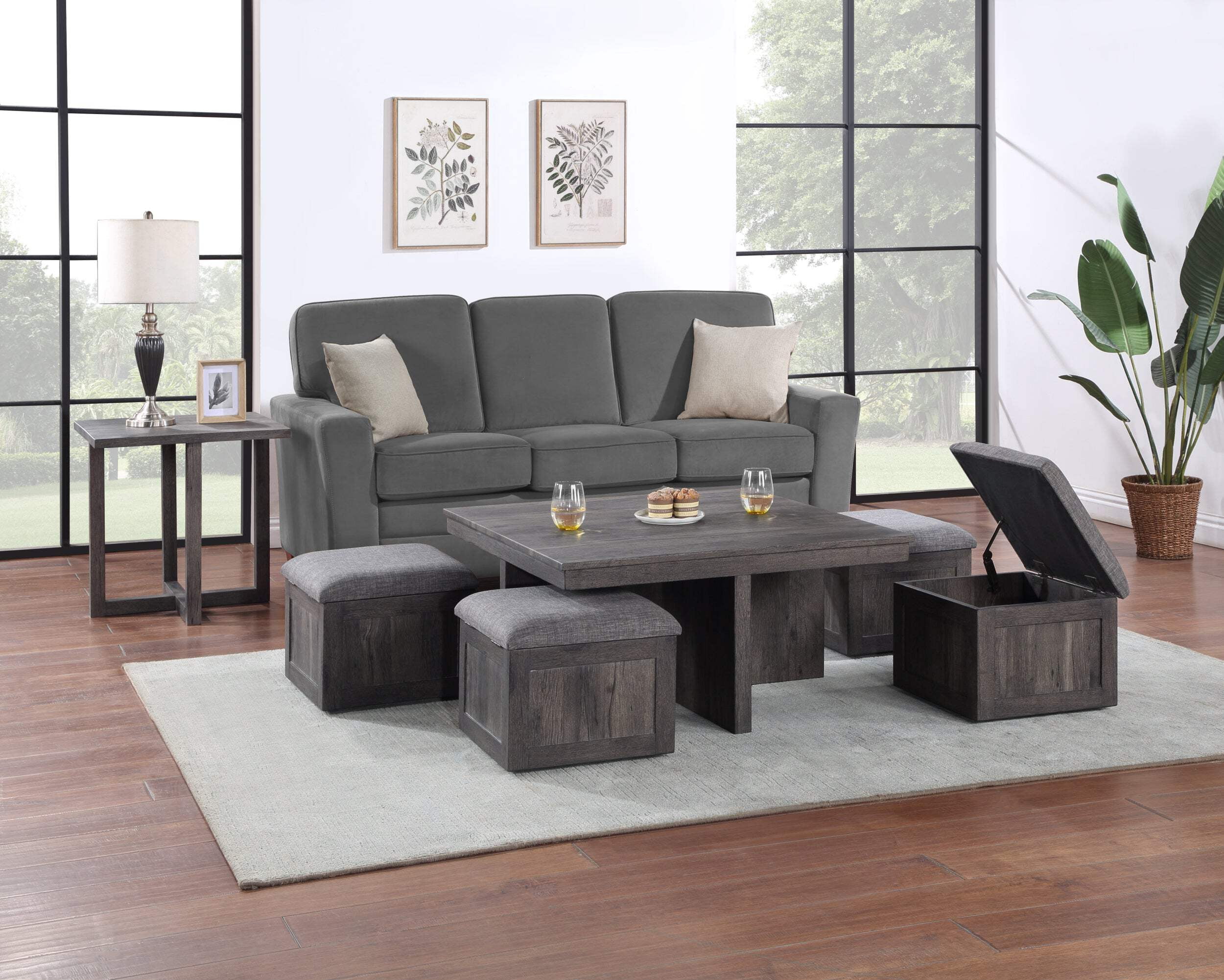 Moseberg Rustic Wood Coffee Table With Storage Stools And End Table Set ...