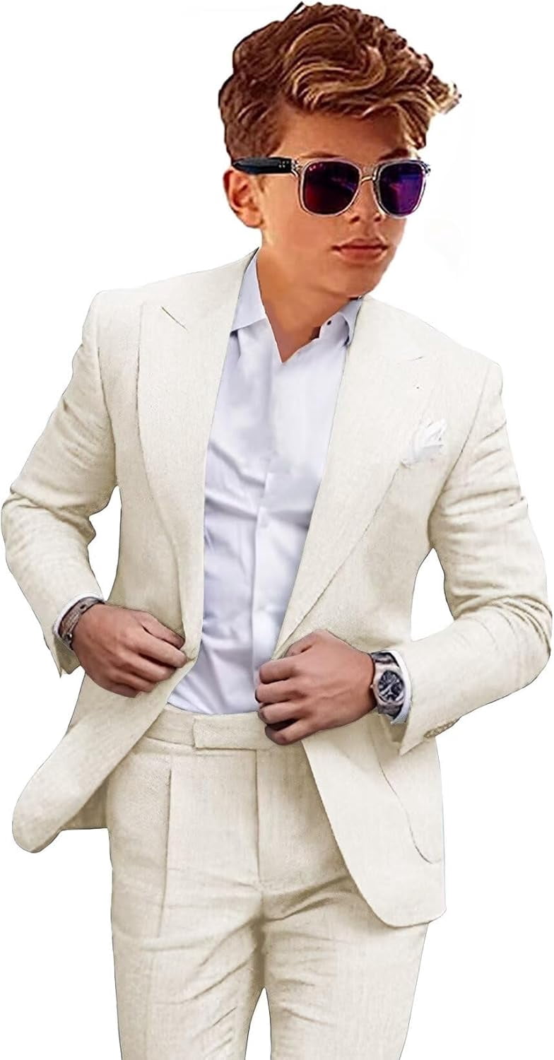 Mosedou 2Pcs Boys Linen Suit Boys Tuxedo Slim Fit Beach Wedding Light ...