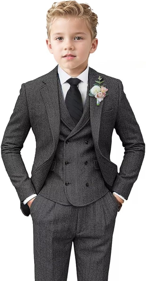 Mosedou 3pcs Boys Tweed Herringbone Suits Slim Fit Suits for Boys ...