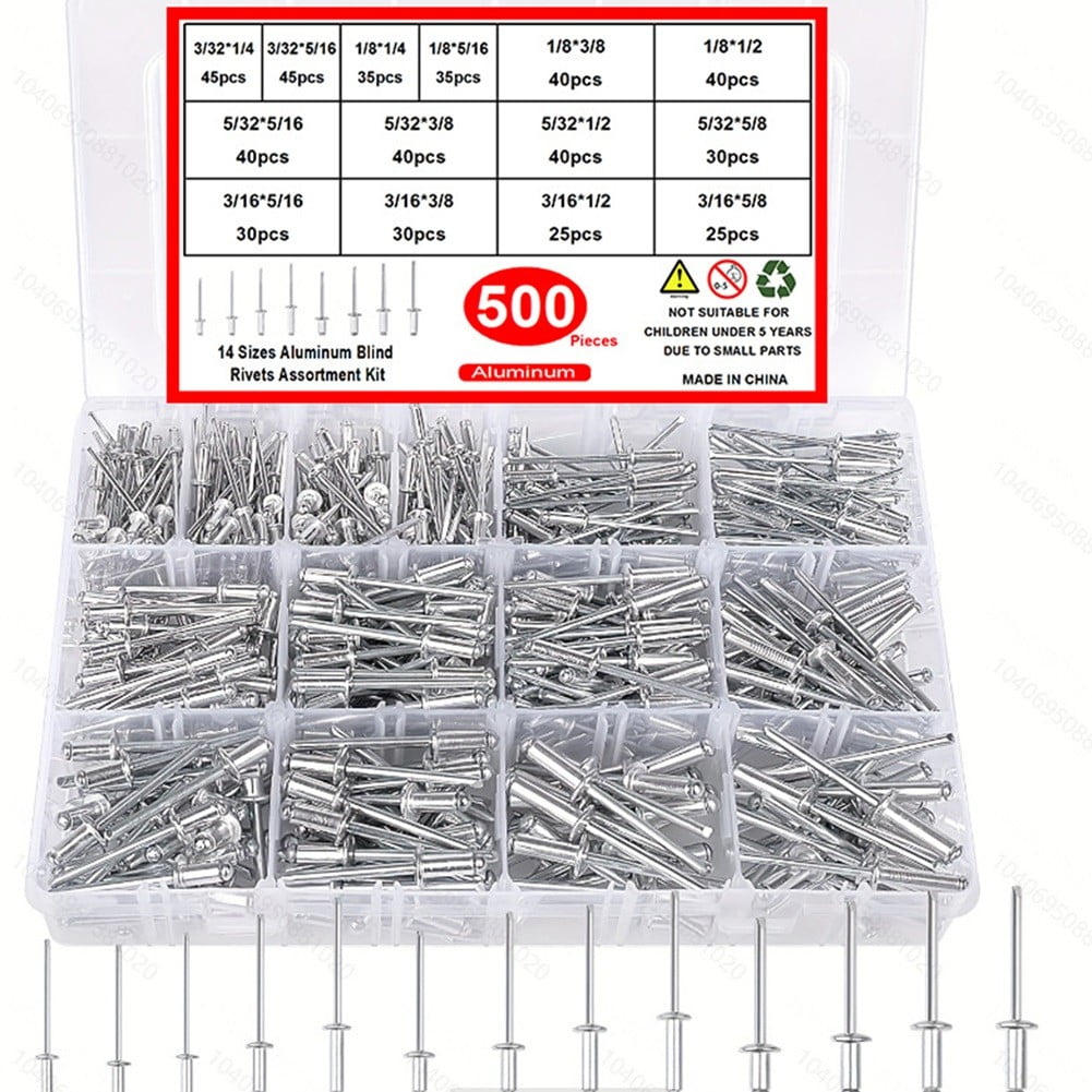 Mosiee 500Pcs Rivet Set 14 Sizes Of Aluminum Blind Rivets Assorted ...