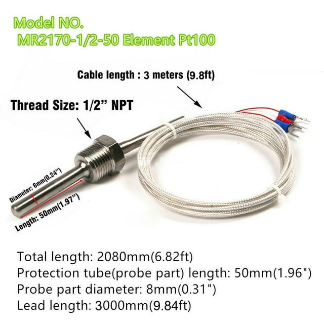 Mosiee Rtd Pt100 Temperature Sensor Stainless Steel Probe 3 Wires 3Meters Cable -50~200 ℃ 8Mm ...