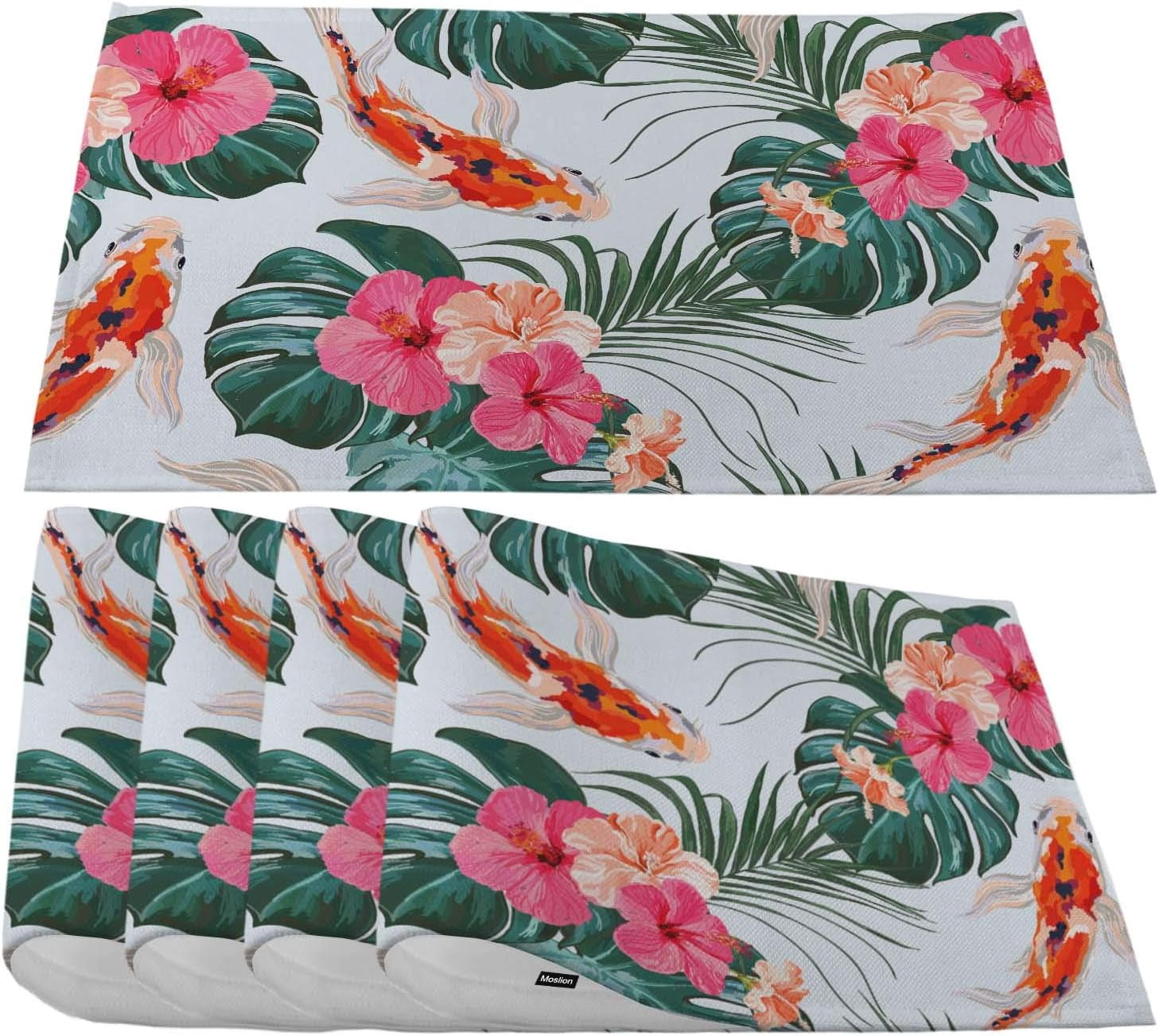 Moslion Floral Summer Koi Fish Placemats,Beautiful Tropical Palm Leaves ...