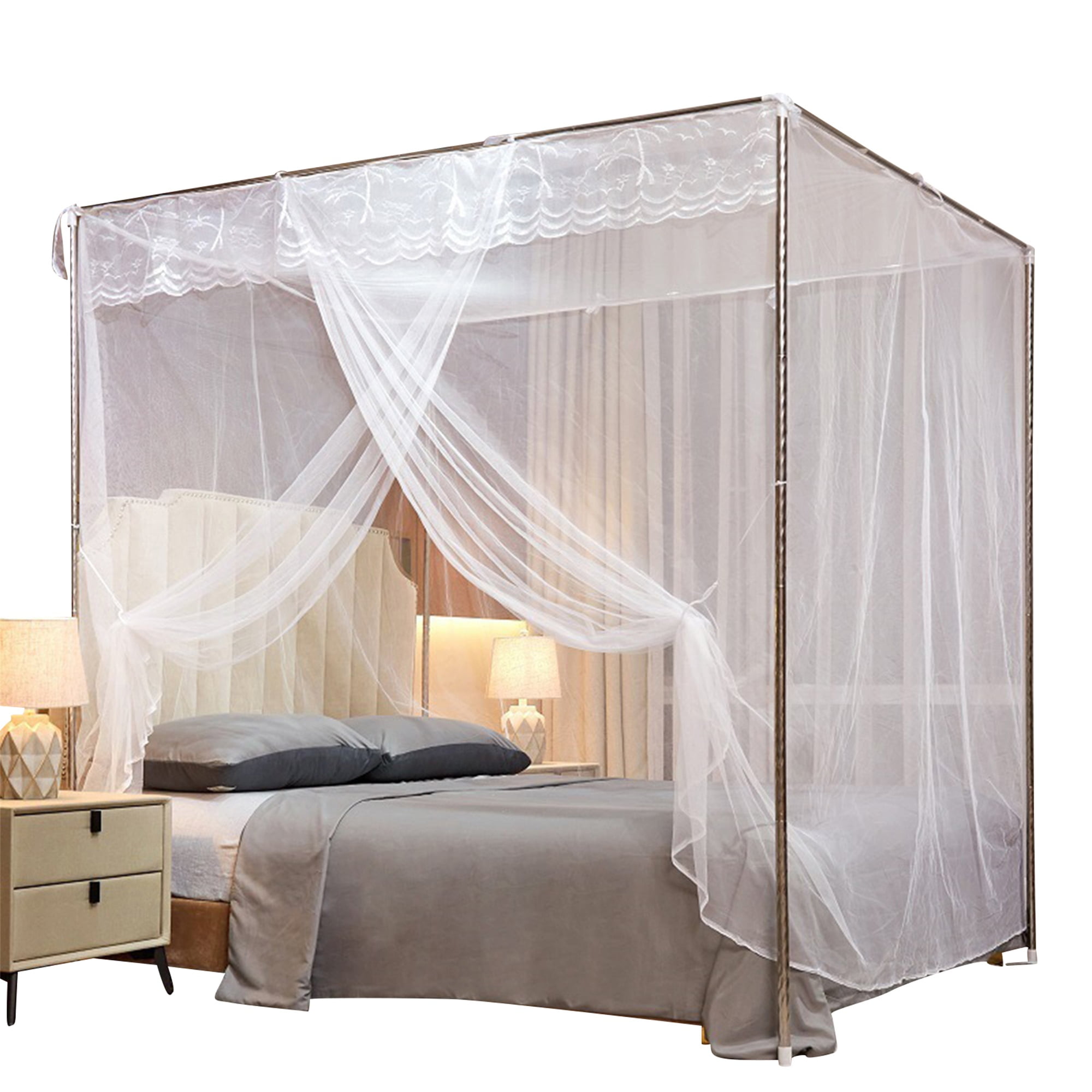 Mosquito Net Bed Canopy 4 Corner Post Lace Trim Princess Bed Canopy ...