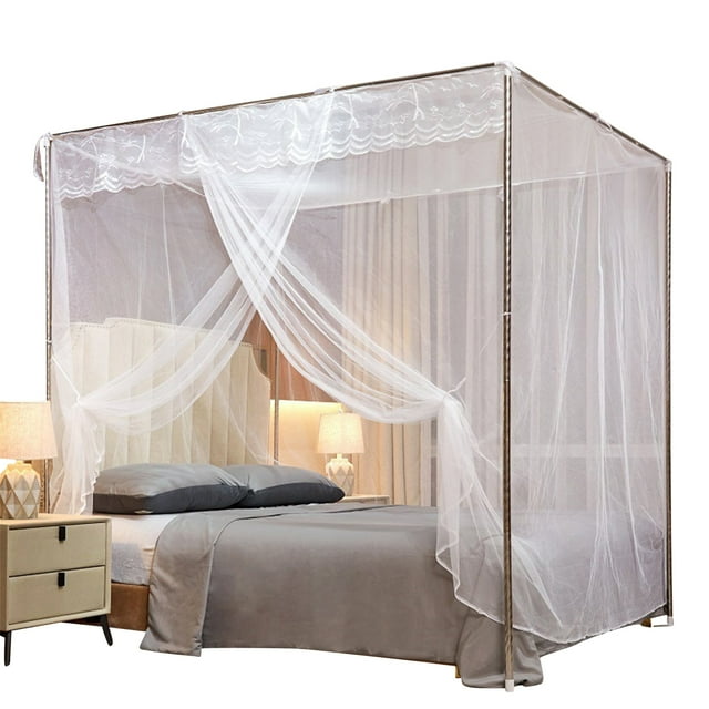 Mosquito Net Bed Canopy 4 Corner Post Lace Trim Princess Bed Canopy ...